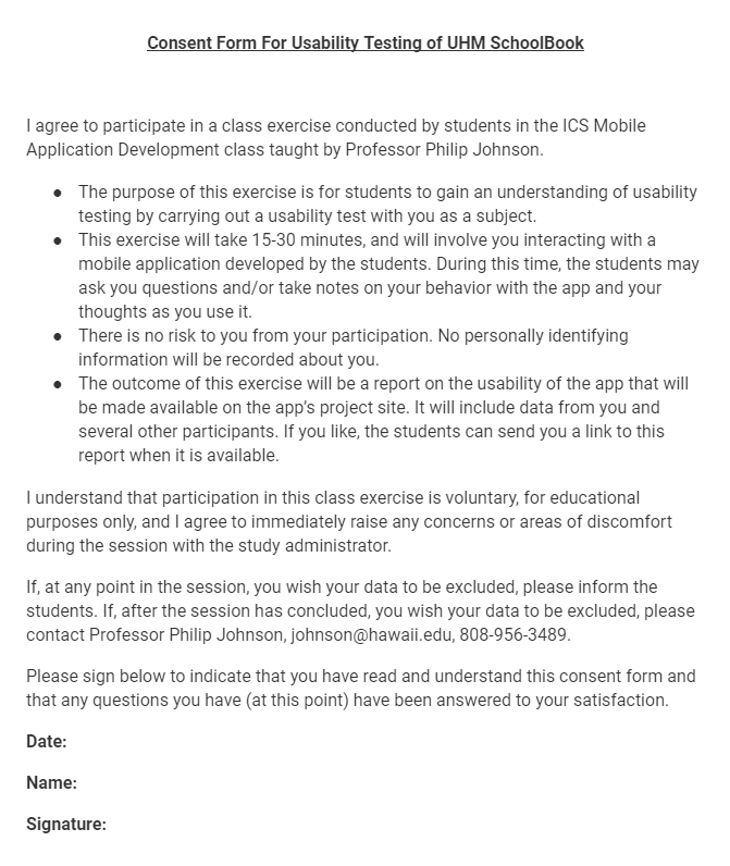 UHM-SchoolBook Usability Evaluation Test Design
